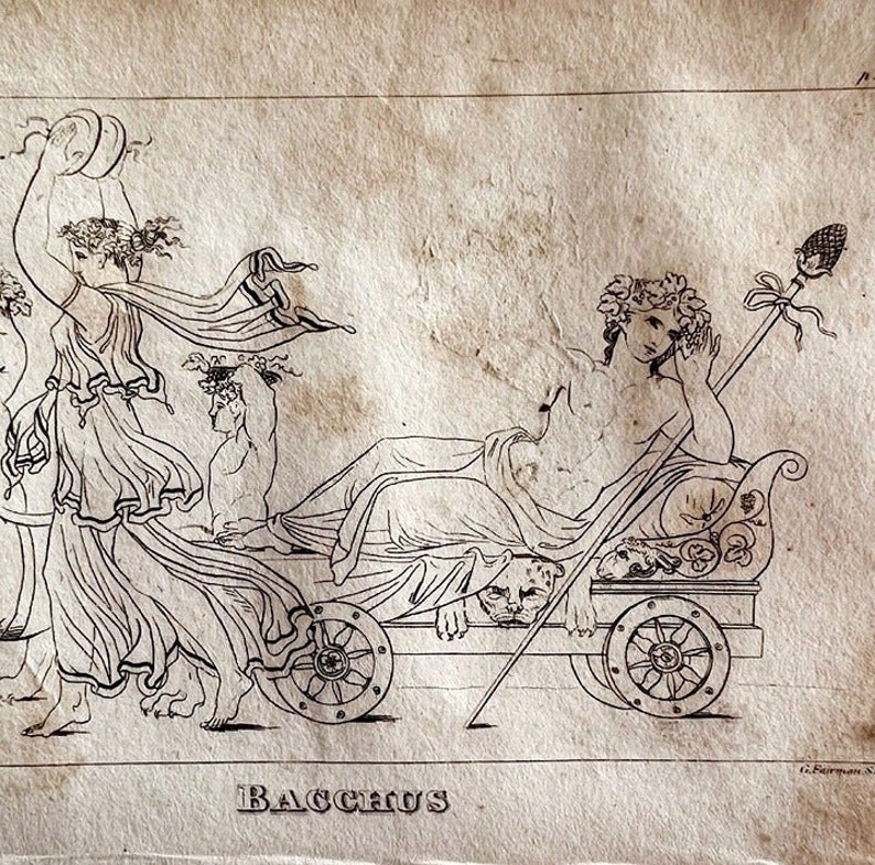 Bacchus Dionysus God of Wine 1817 Engraving Tooke's Pantheon Antique ...