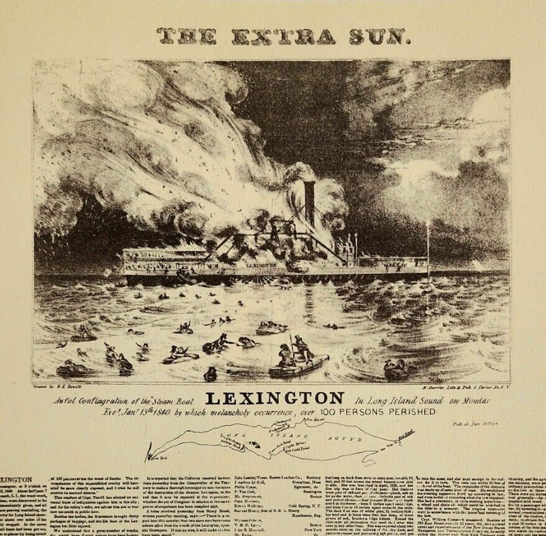 1930 Steam Boat Lexington Ship Sinks News Lithograph Print Currier ...