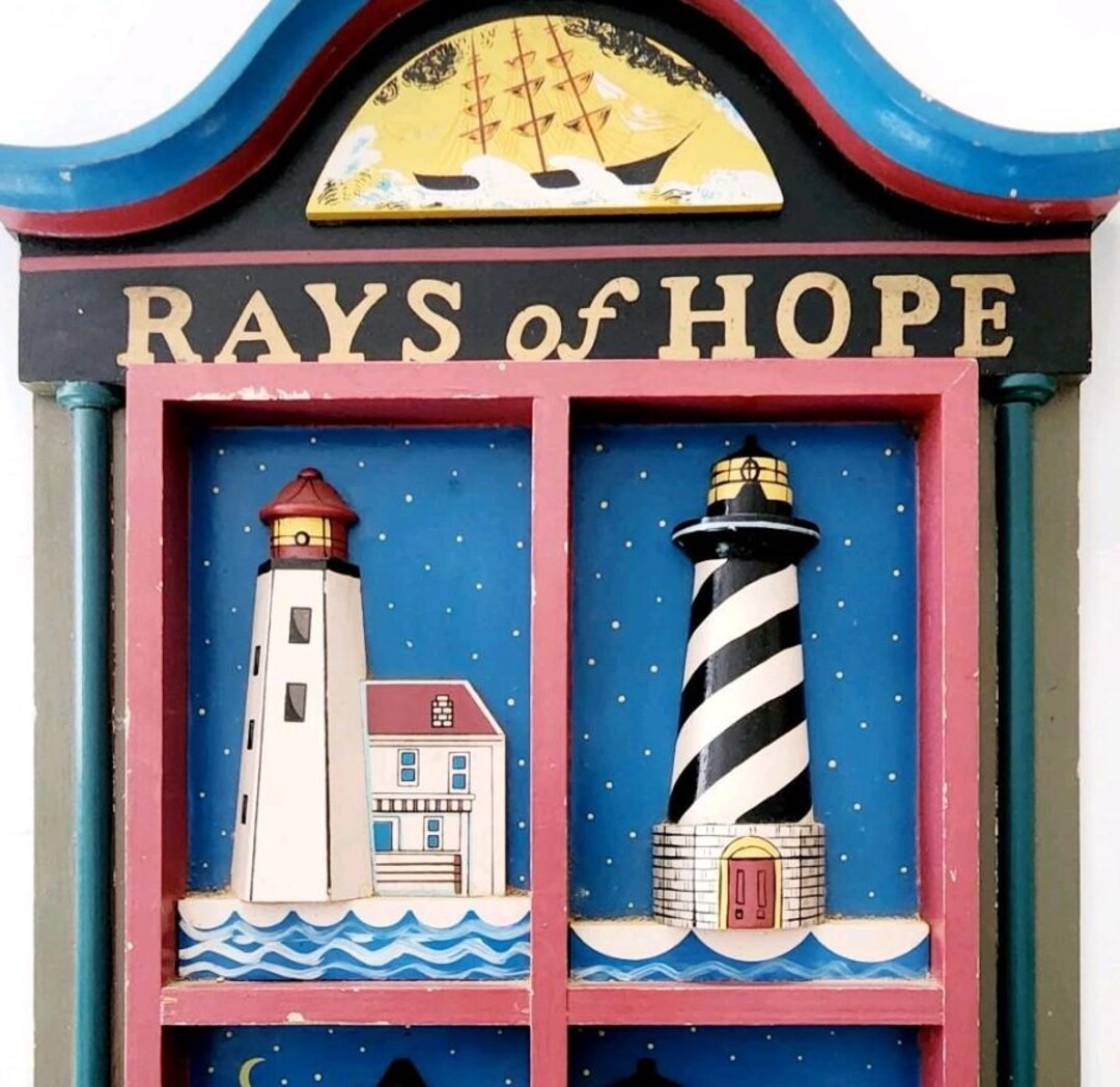Lighthouse Wall Plaque Rays of Hope Nautical 2 Hooks Wood Art Vintage ...