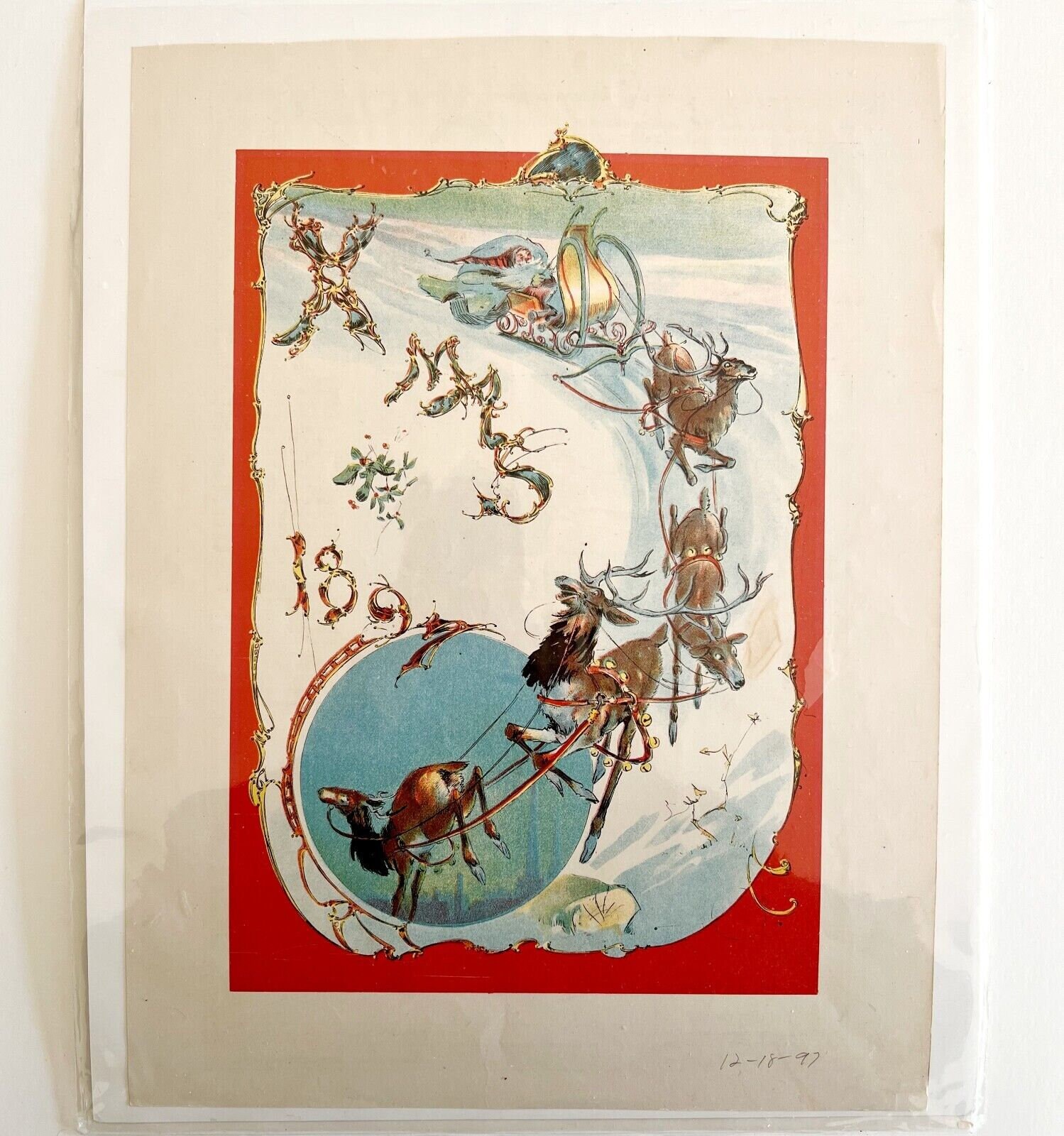 1897 Victorian Santa Sleigh Reindeer Christmas Lithograph Holiday Art ...