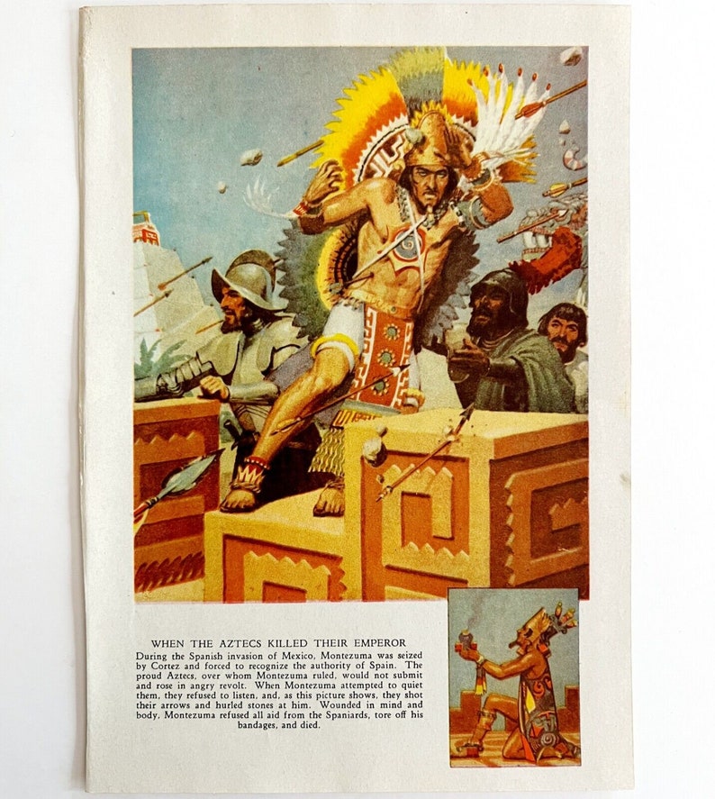 1937 the Aztecs Kill Montezuma Litho Art Print Cortez Spanish - Etsy