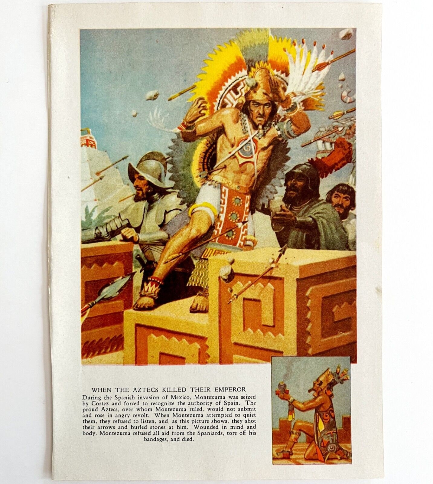 1937 the Aztecs Kill Montezuma Litho Art Print Cortez Spanish Invasion ...