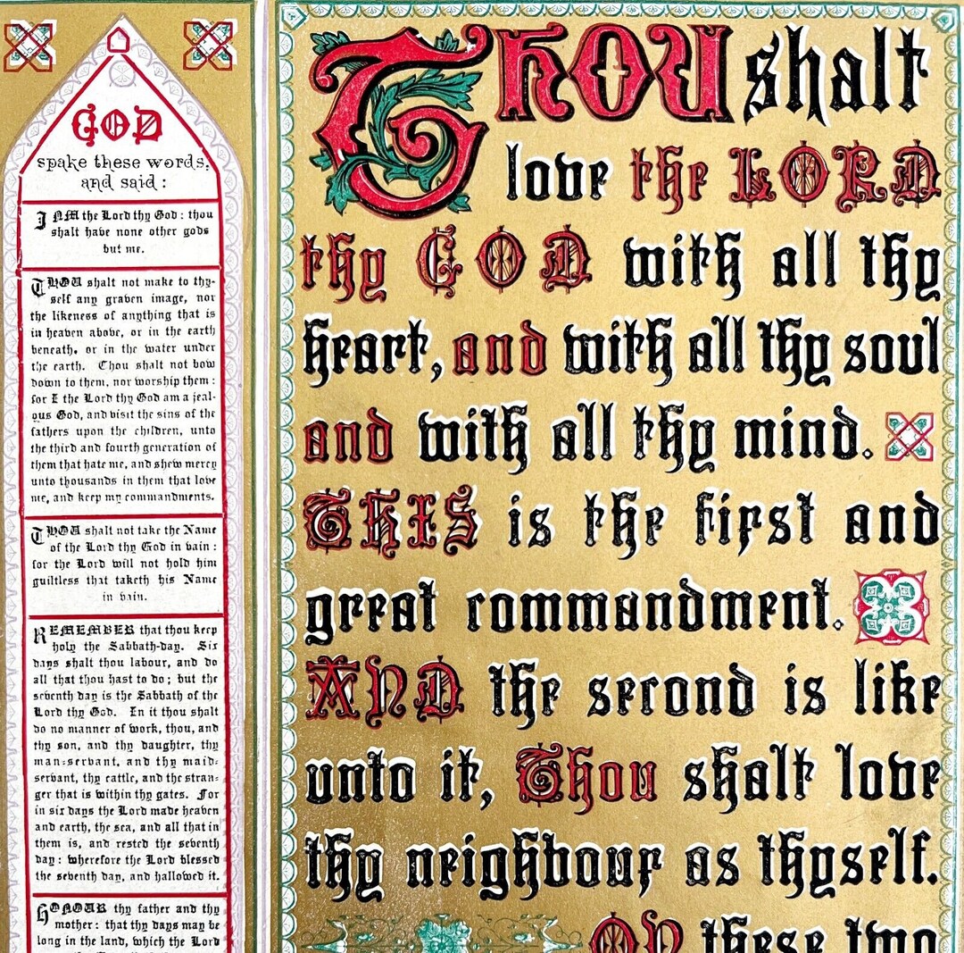 Ten Commandments Gold Tone 1872 Lithograph Victorian Religious Art ...