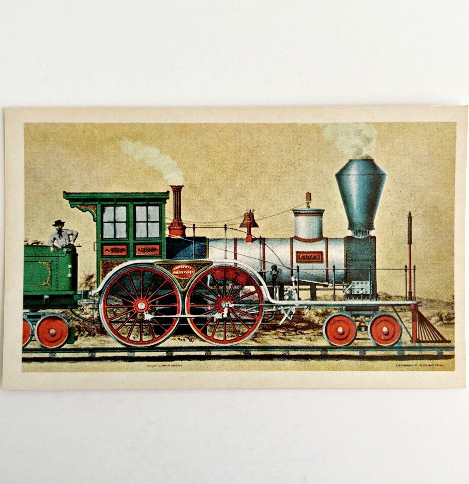 1961 the Lawrence Locomotive Train Railroad Print Card Antique Engineer ...