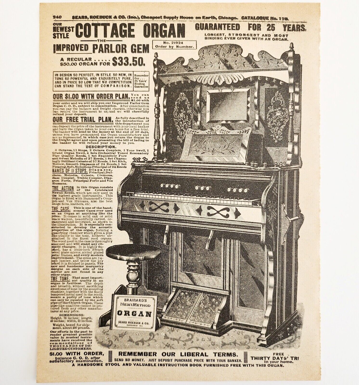 1900 Cottage Parlor Organ Advertisement Victorian Sears Roebuck 5.25 X ...