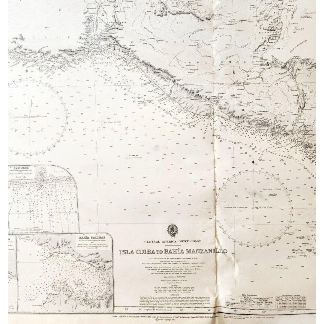 1970 Nautical Ship Map Isla Coiba to Bahia Manzanillo 50"x28" Sailing ...