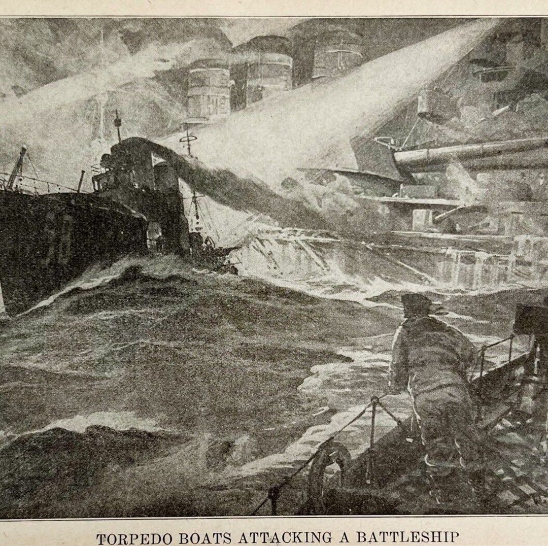 1914 WW1 Print Torpedo Boats Attack Battleship Antique Military ...