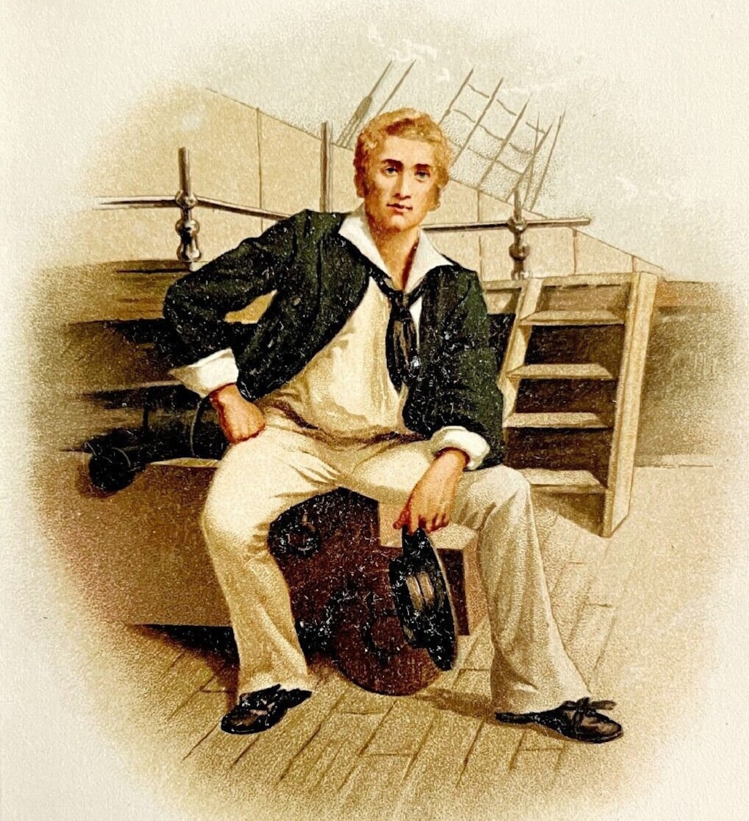 Victorian Sailor Aboard Ship Lithograph Art Print C1850-1870s Hat ...