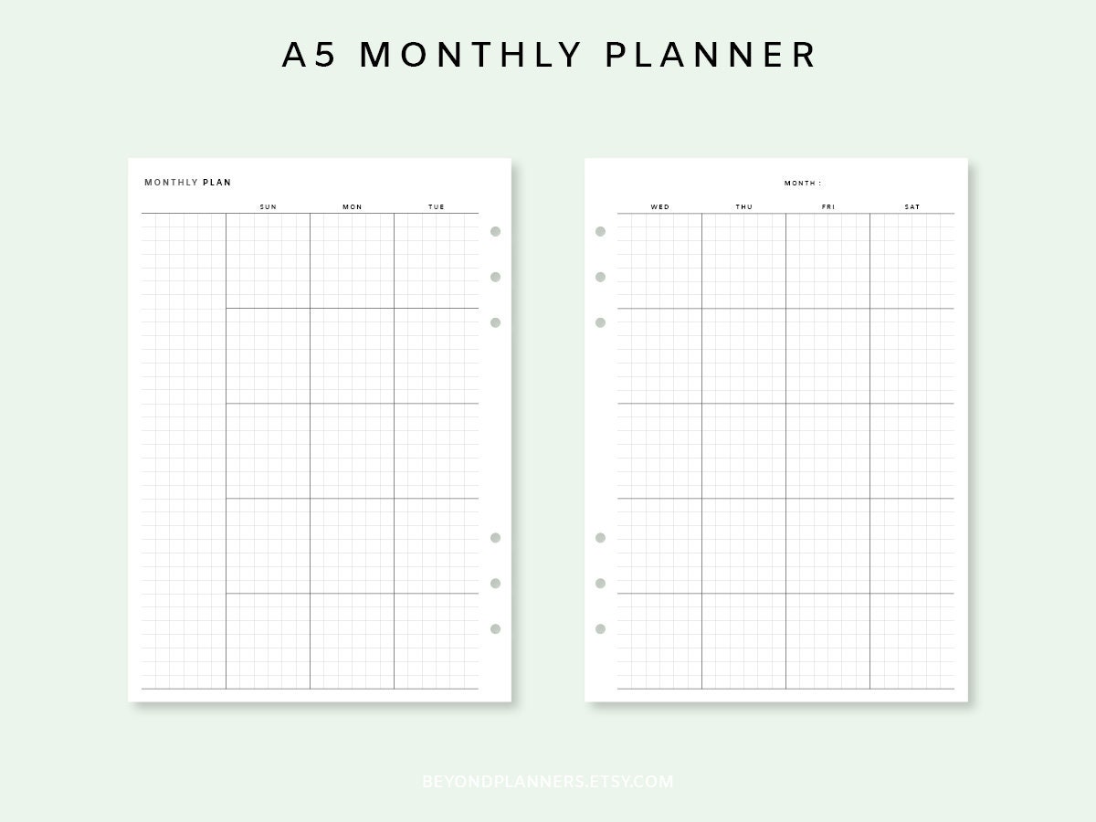Monthly Planner Printable A5 - Month on Two Page Planner | Undated ...