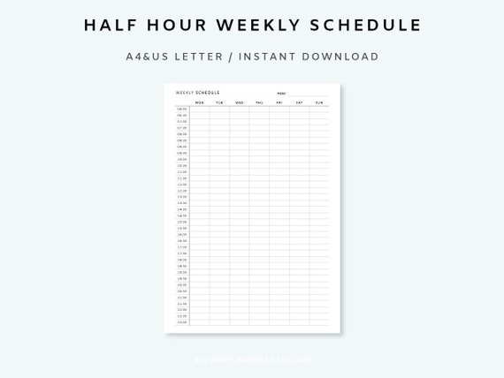 Half Hour Weekly Schedule Printable Half Hour Daily Schedule - Etsy