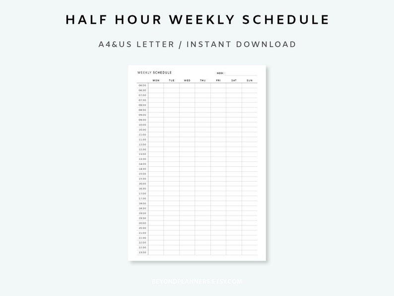 Half Hour Weekly Schedule Printable Half Hour Daily Schedule Template ...