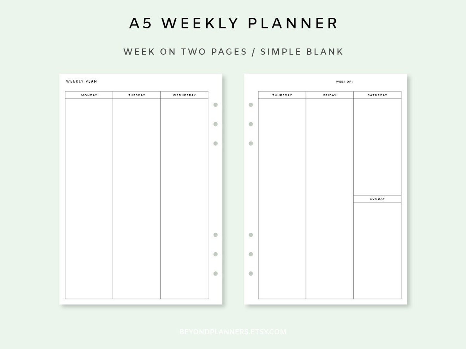 Weekly Planner Printable Vertical Week on Two Pages | Etsy