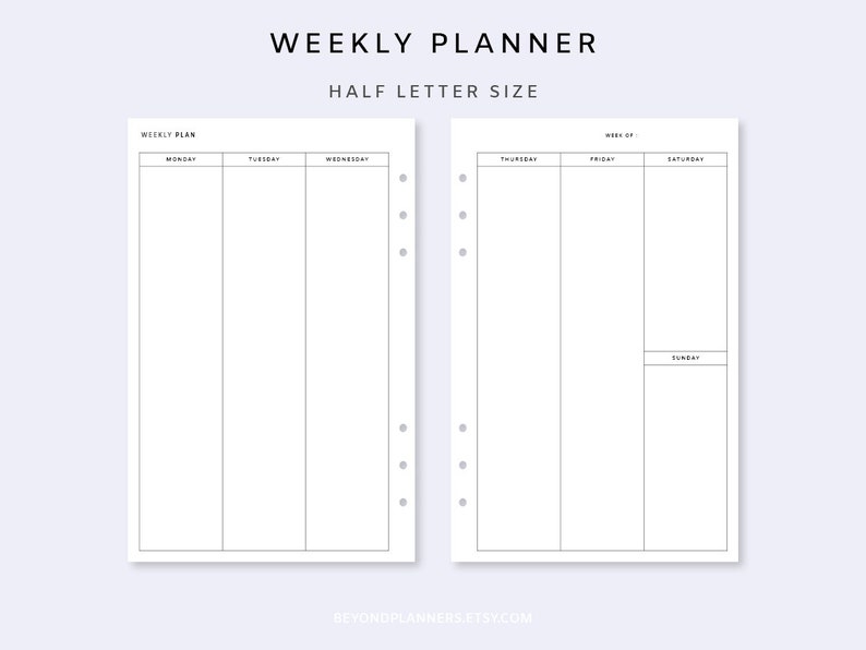 Weekly Planner Printable 2 Page - Week on Two Pages, Vertical Weekly ...