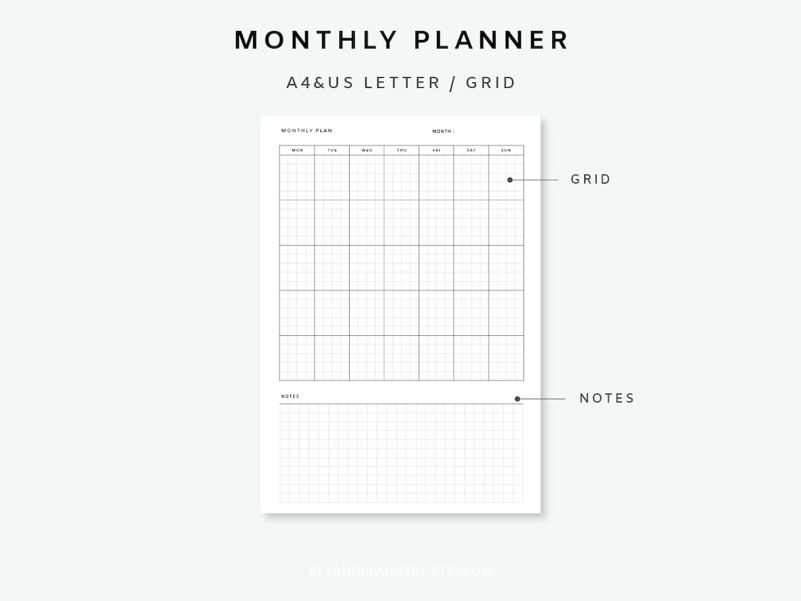 Month on One Page Insert Undated Monthly Planner Printable Monthly ...
