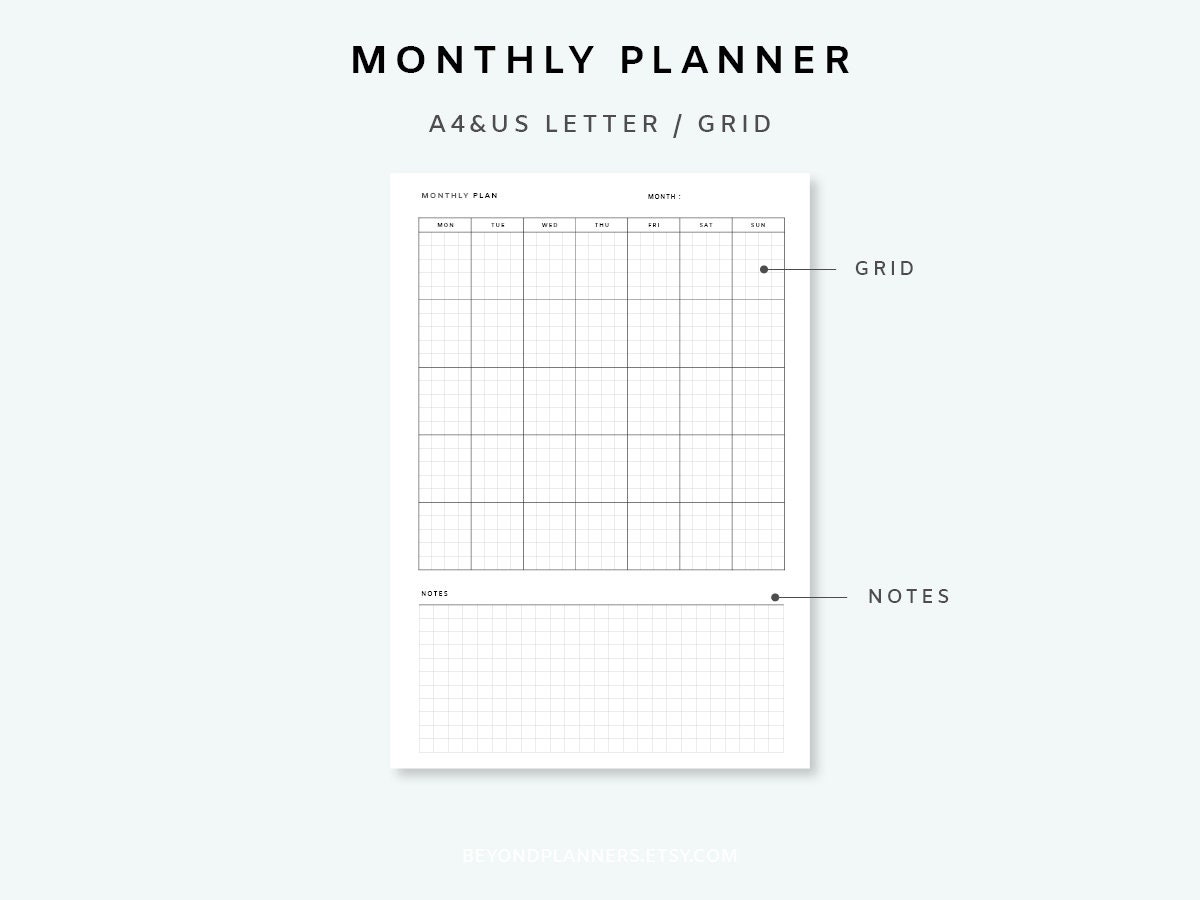 Month on One Page Insert - Undated Monthly Planner | Printable Monthly ...