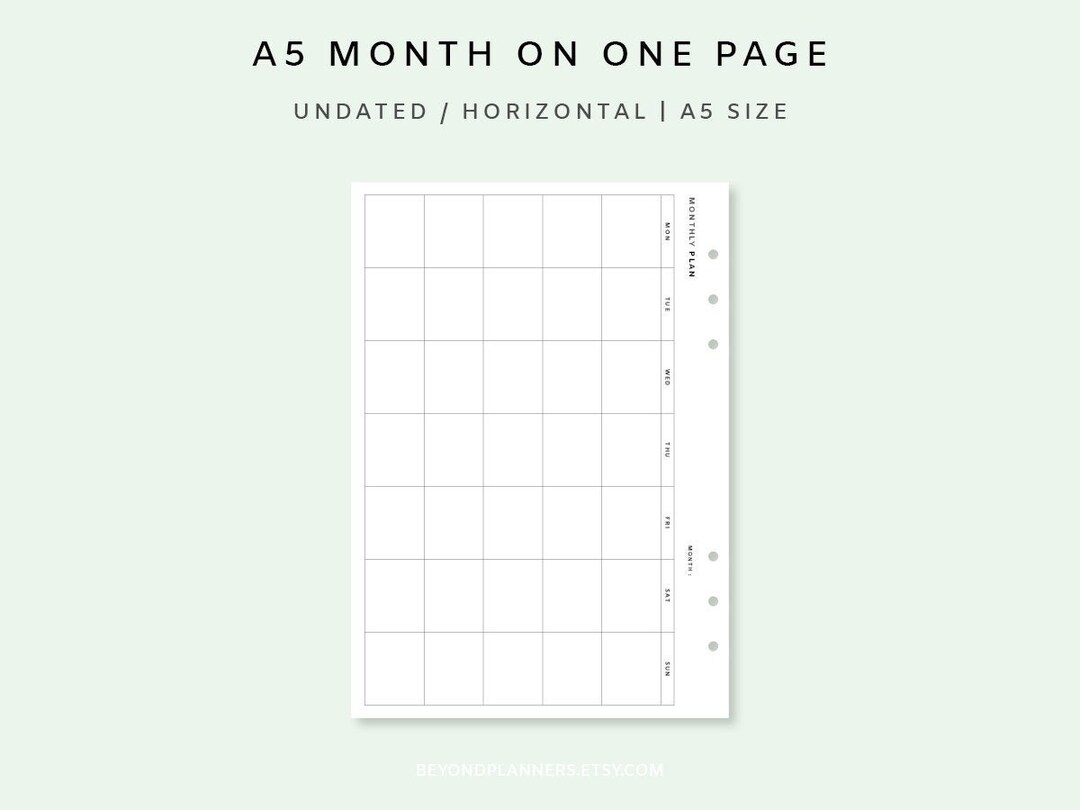 Month on One Page Undated - Monthly Planner Insert A5 | Month on 1 Page ...