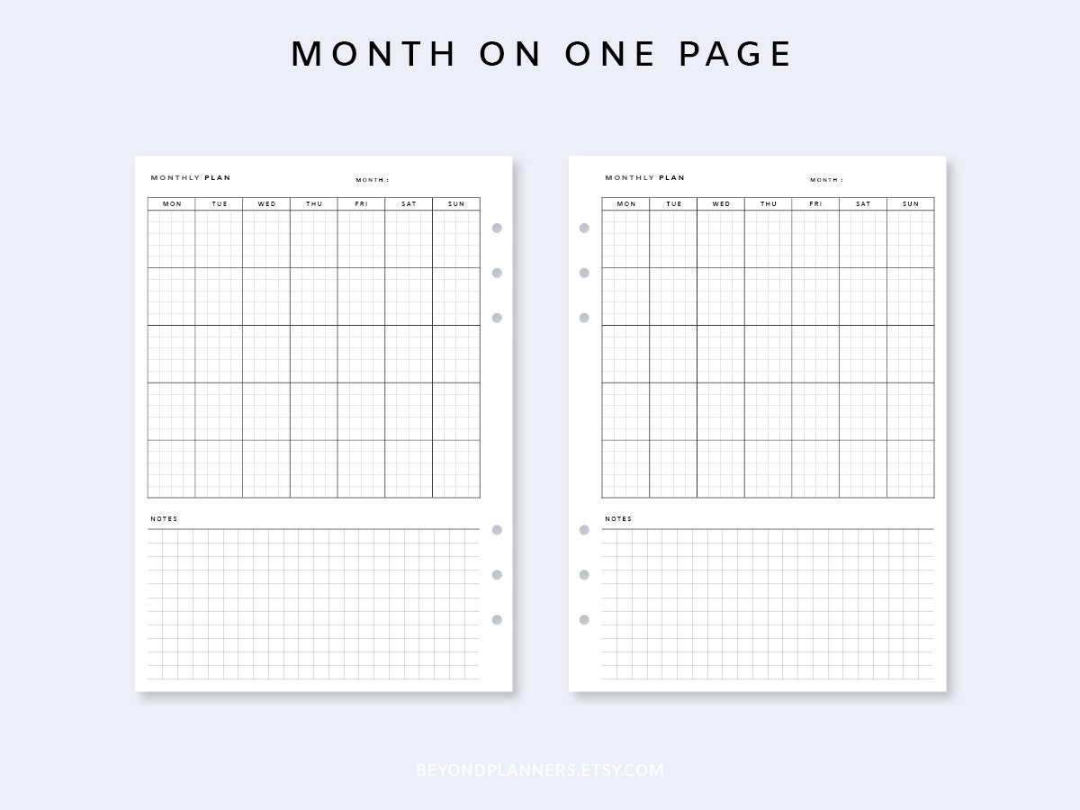 Month on One Page Printable Undated Monthly Planner PDF, Monthly ...