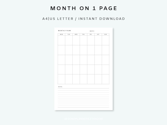 Month on one page Planner Printable Monthly planner | Etsy