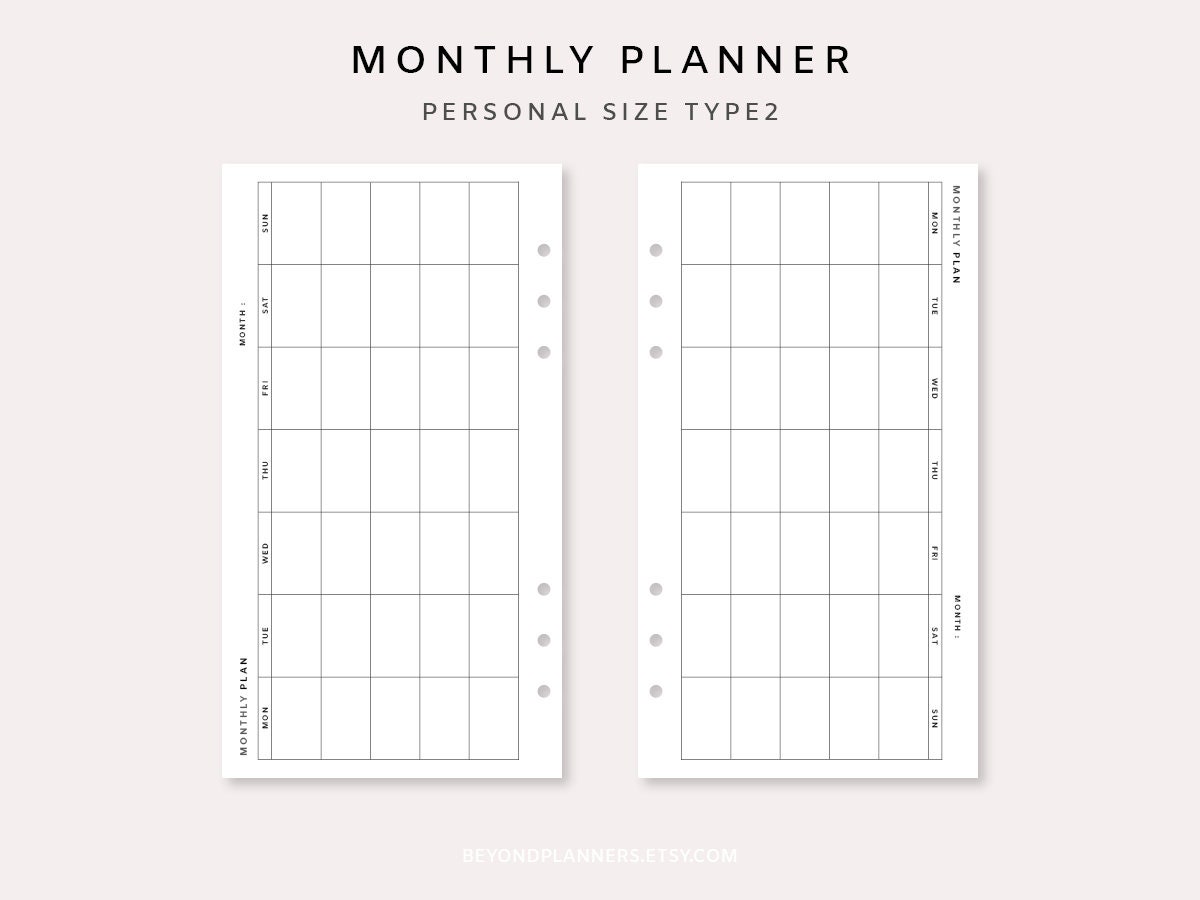 Month on One Page Undated Monthly Planner Insert Personal Month on 1 ...