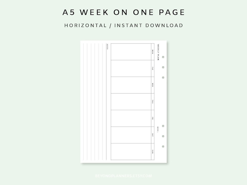 Week on One Page Printable A5 Undated Weekly Planner Inserts Horizontal ...