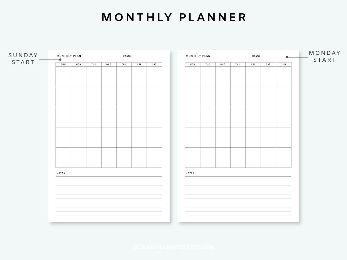 Month on One Page Planner Printable Monthly Planner Undated Monthly ...
