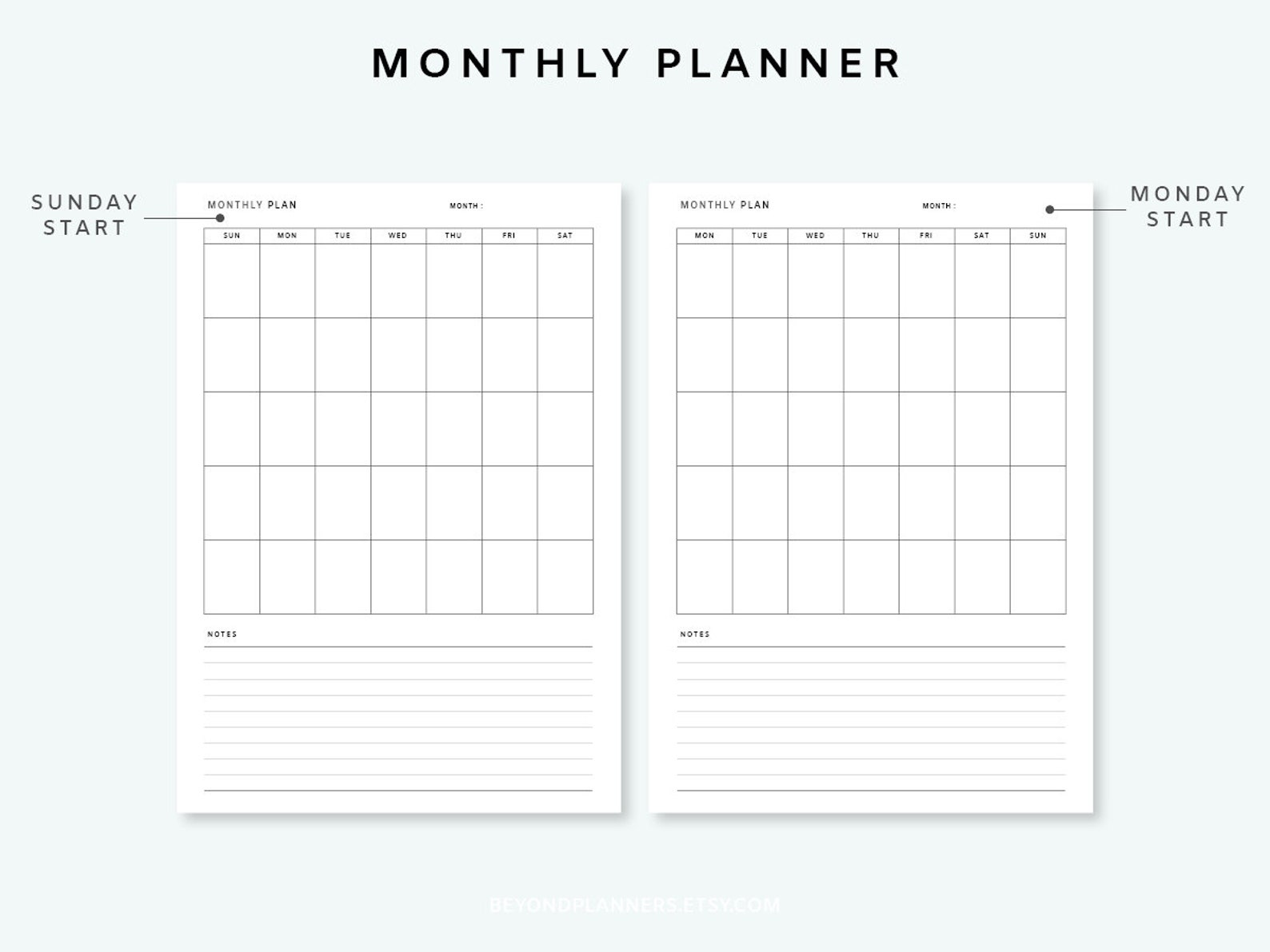 Month on One Page Planner Printable Monthly Planner Undated Monthly ...