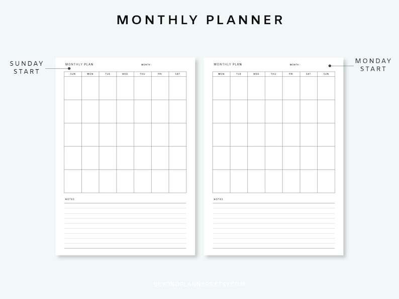 Month on One Page Planner Printable Monthly Planner Undated Monthly ...