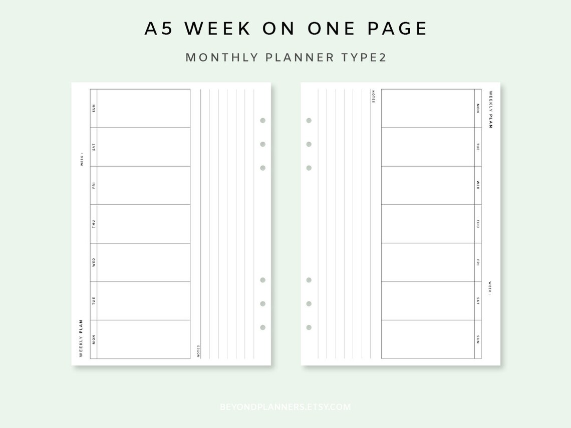 Week on One Page Printable A5 Undated Weekly Planner Inserts Horizontal ...