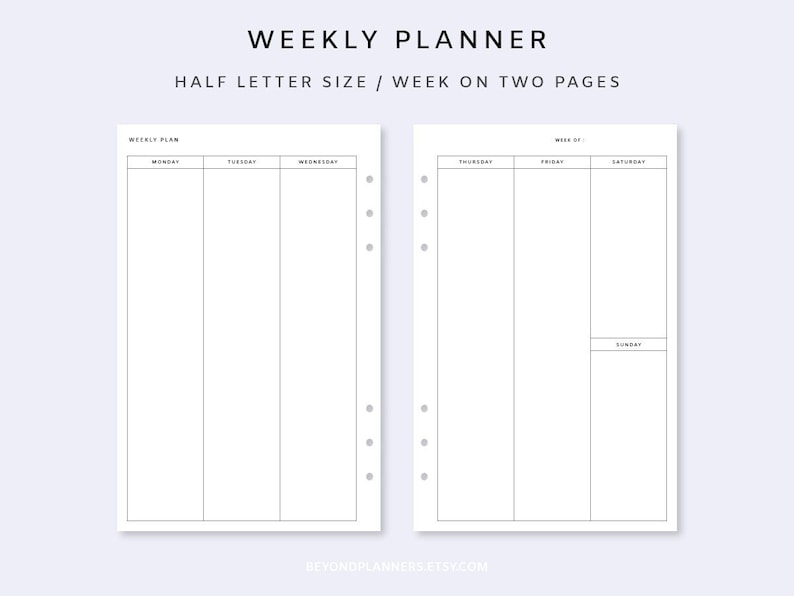 Weekly Planner Printable 2 Page - Week on Two Pages, Vertical Weekly ...