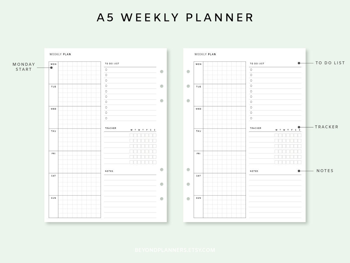 Weekly Planner Printable A5 - Week on One Page PDF | Weekly Agenda ...
