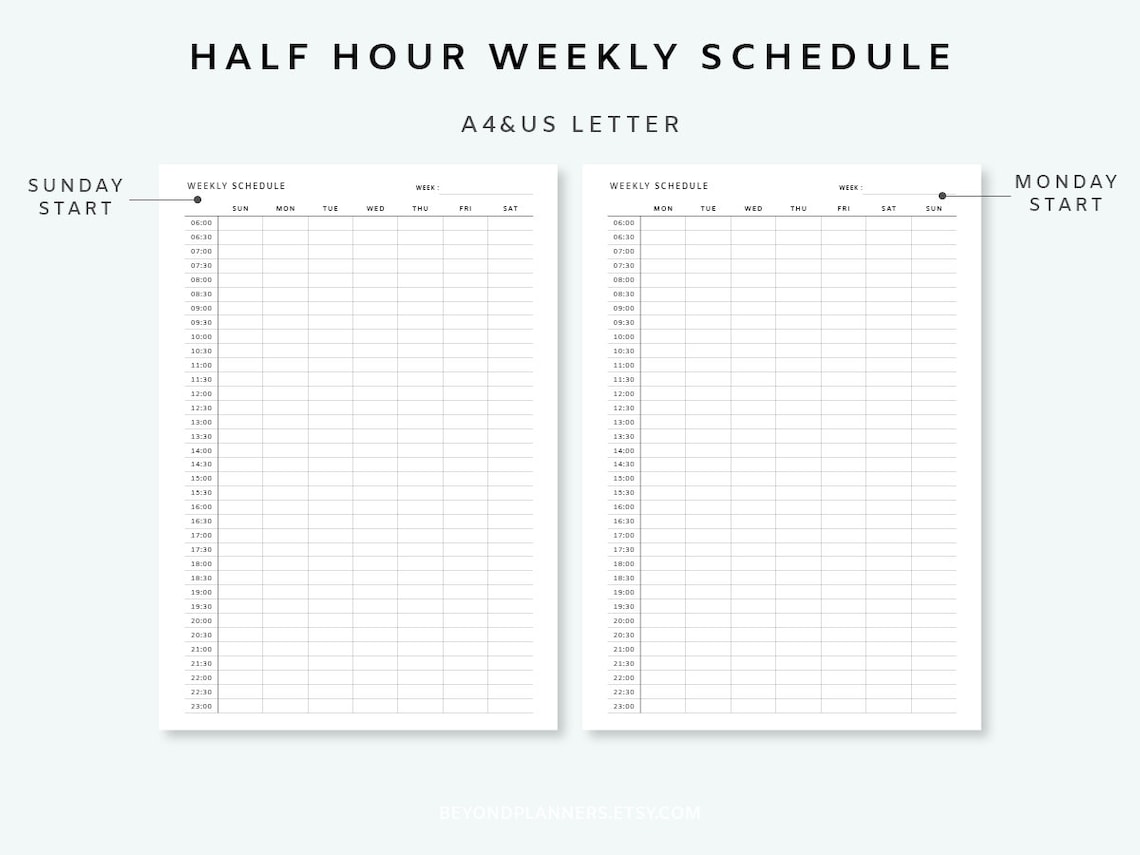 Half Hour Weekly Schedule Printable Half Hour Daily Schedule Template ...