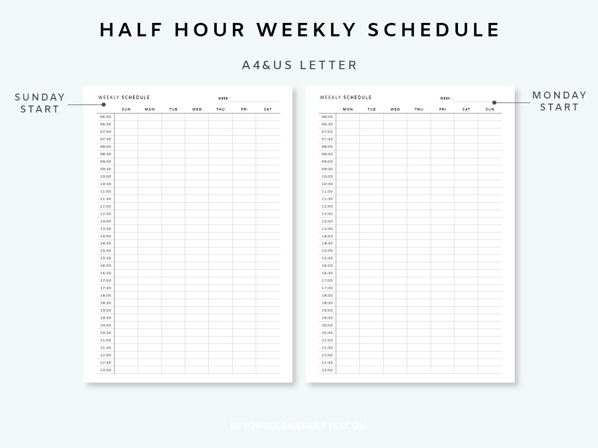 Half Hour Weekly Schedule Printable Half Hour Daily Schedule Template ...