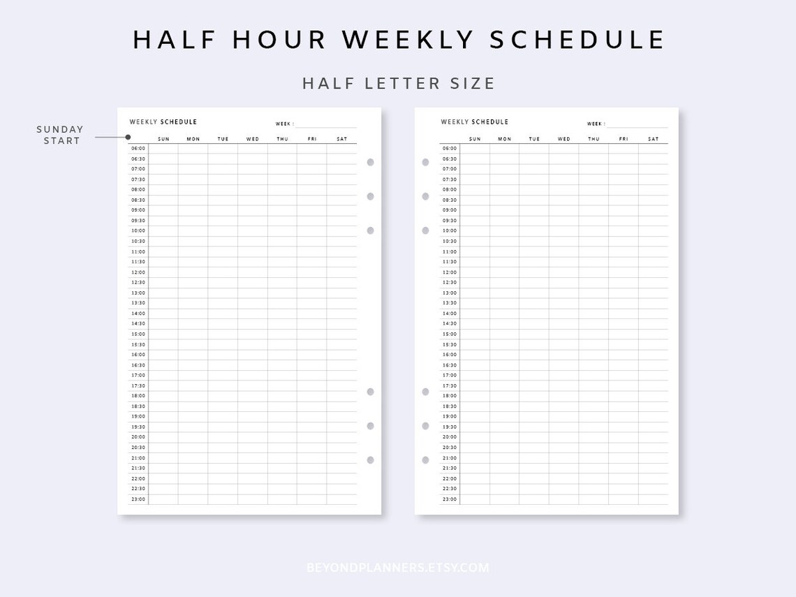 Half Hour Weekly Schedule Printable - Half Hour Daily Schedule Template ...