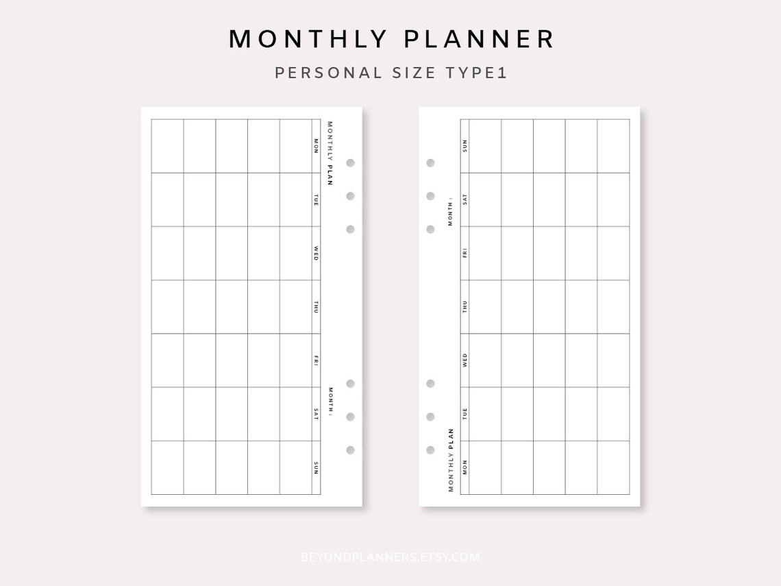 Month on One Page Undated Monthly Planner Insert Personal Month on 1 ...
