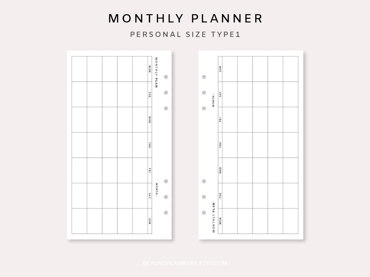 Month on One Page Undated Monthly Planner Insert Personal Month on 1 ...