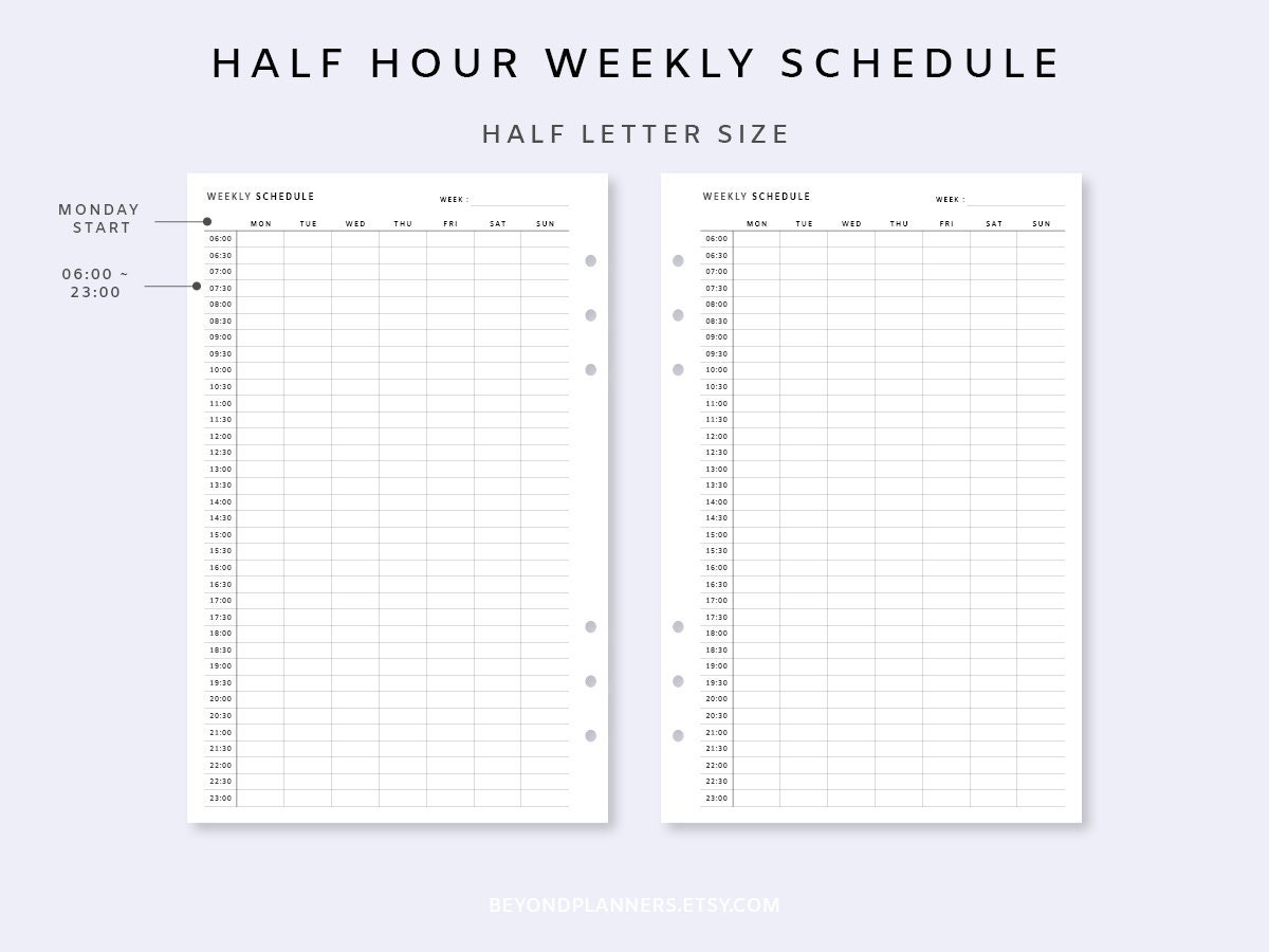 Half Hour Weekly Schedule Printable - Half Hour Daily Schedule Template ...