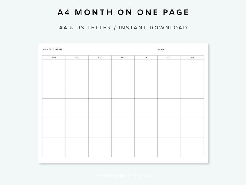 Month on One Page Undated - Monthly Planner Insert | Month on 1 Page ...