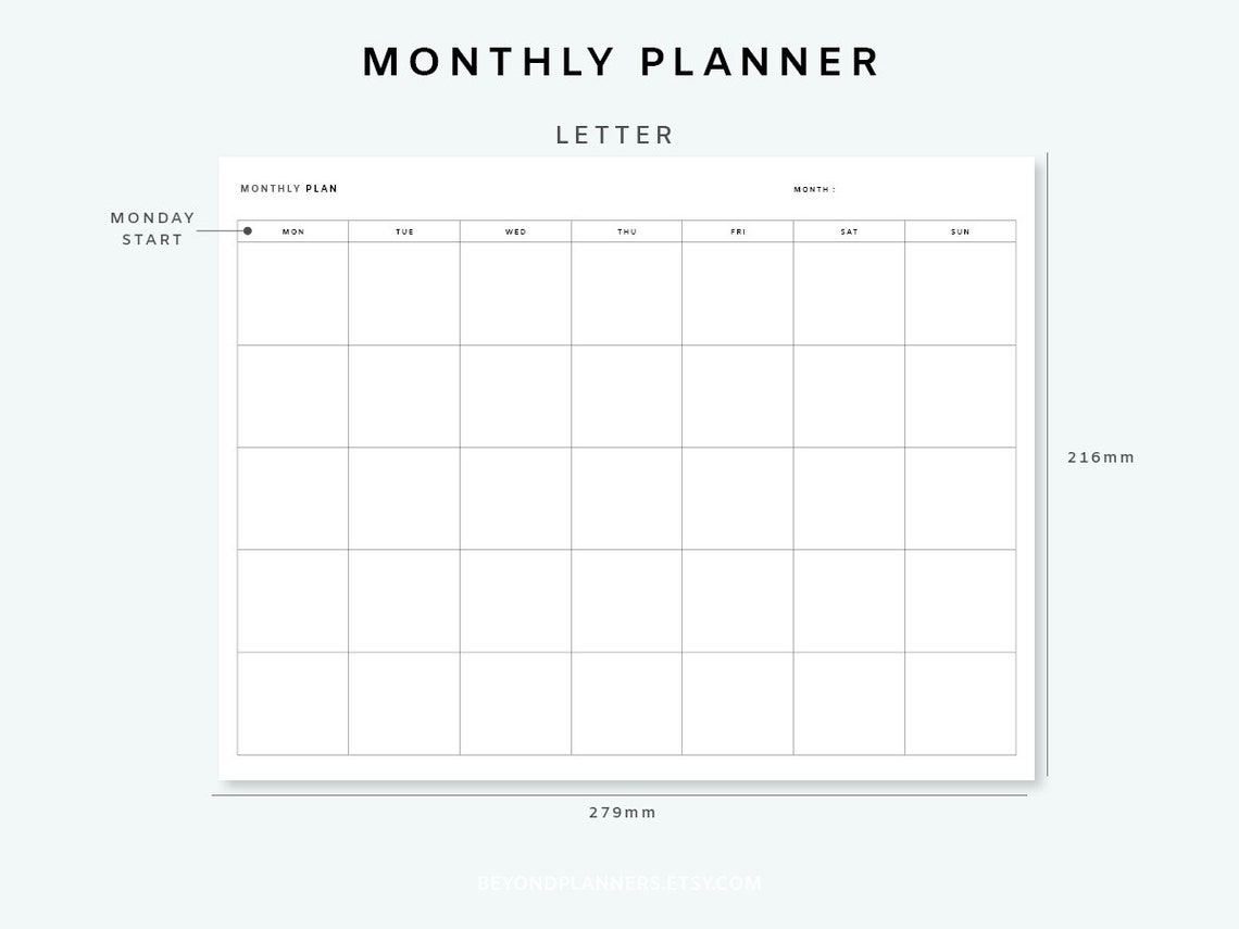 Month on One Page Undated Monthly Planner Insert Month on 1 Page ...
