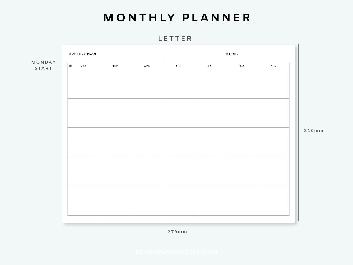 Month on One Page Undated - Monthly Planner Insert | Month on 1 Page ...