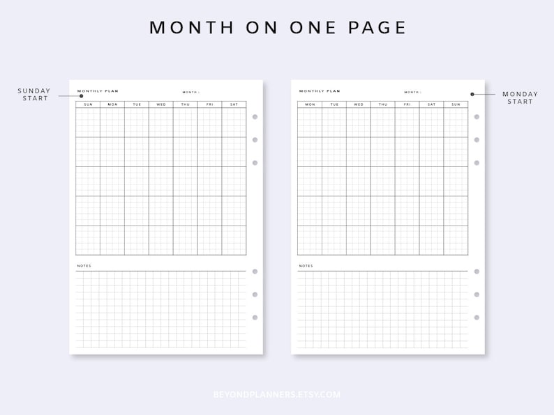 Month on One Page Printable Undated Monthly Planner PDF, Monthly ...