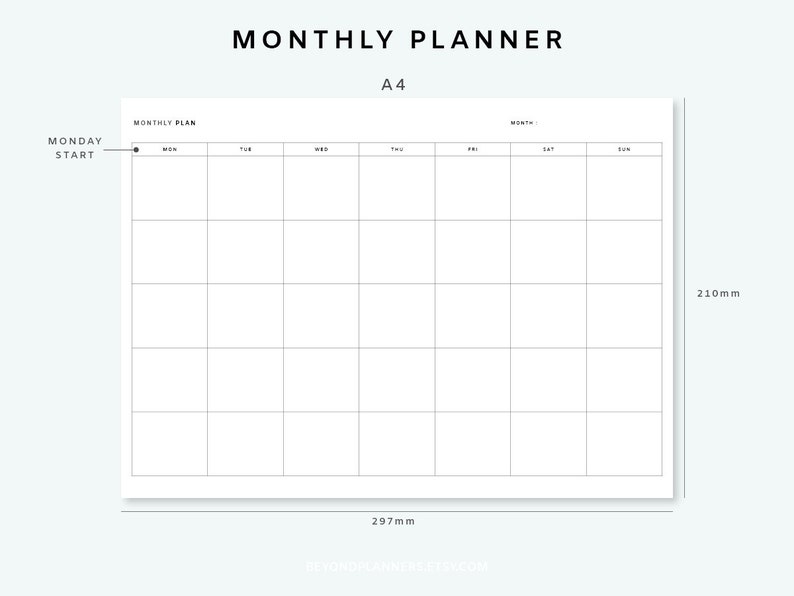 Month on One Page Undated - Monthly Planner Insert | Month on 1 Page ...