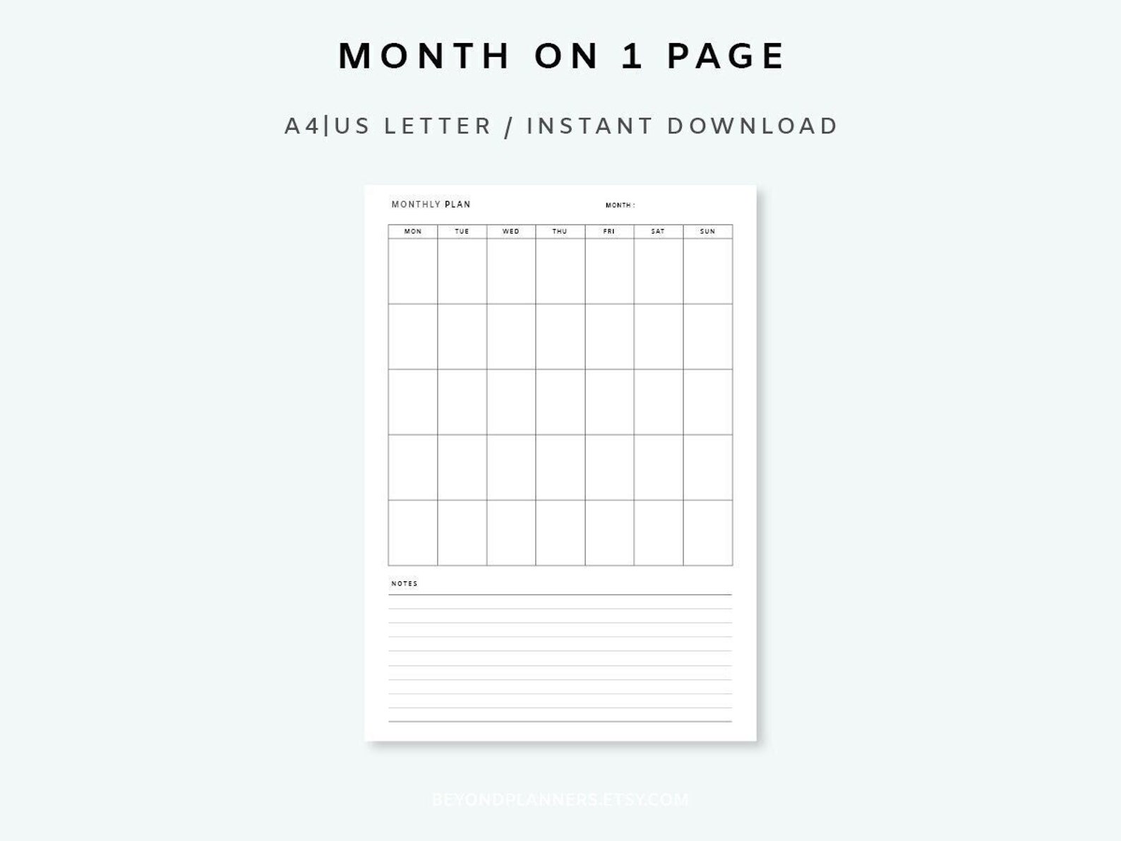 Month on One Page Planner - Printable Monthly Planner | Undated Monthly ...