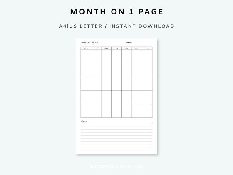 Month on One Page Planner - Printable Monthly Planner | Undated Monthly ...