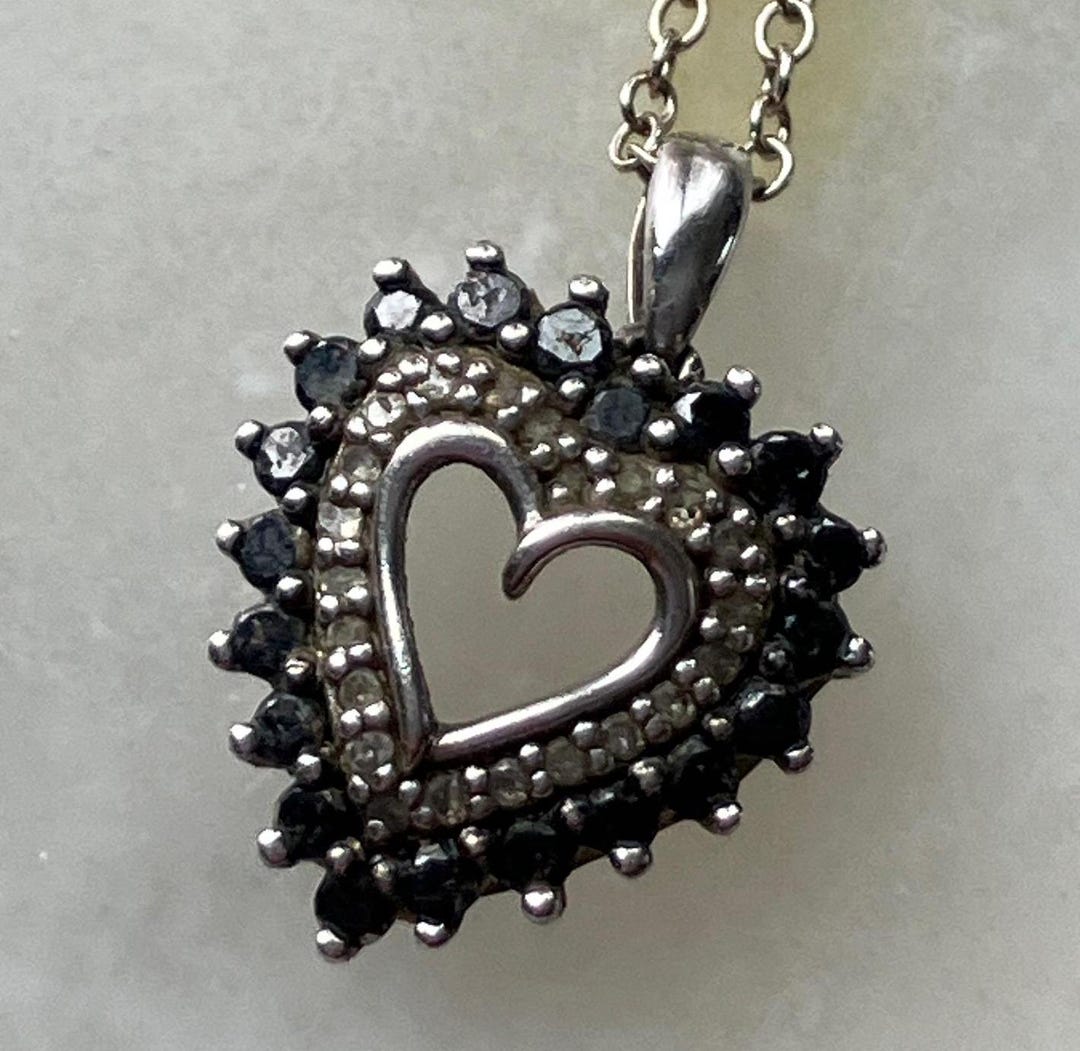 Vintage 925 Sterling Silver Open Heart Pendant Necklace With Black ...