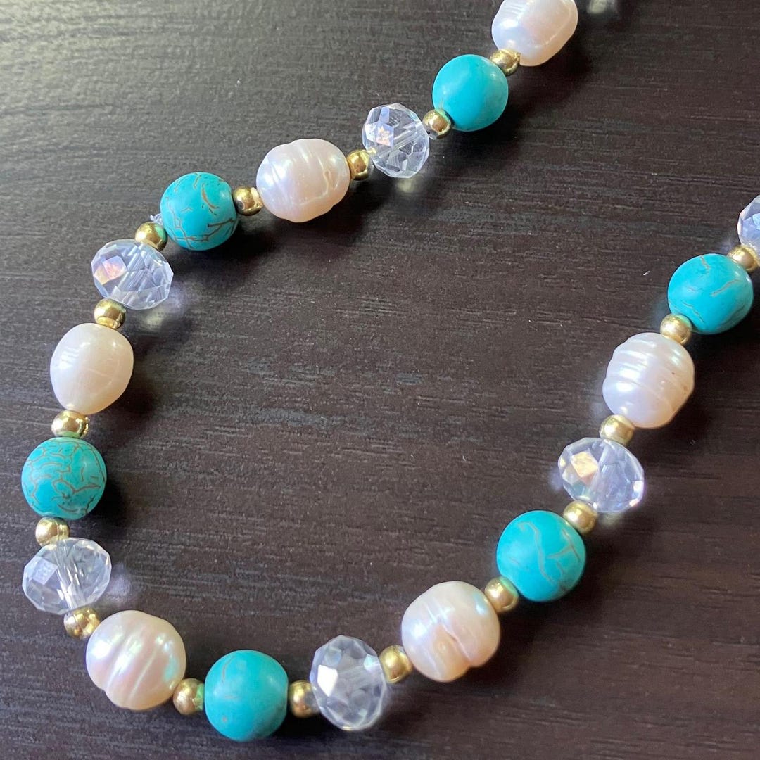 Vintage 11mm White Freshwater Pearls, Lab Made Turquoise Stone, Glass ...