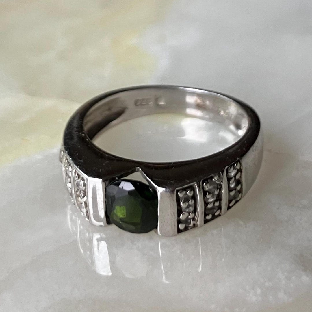 925 INDIA Sterling Silver Green and White Cubic Zirconia Ring Size 7 ...
