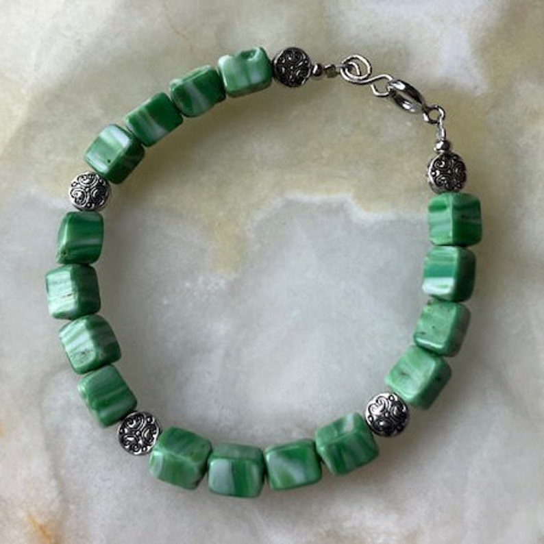 Rare Milky Green Larsonite Gemstone and Metal Beads beaded Bracelet, 7. ...