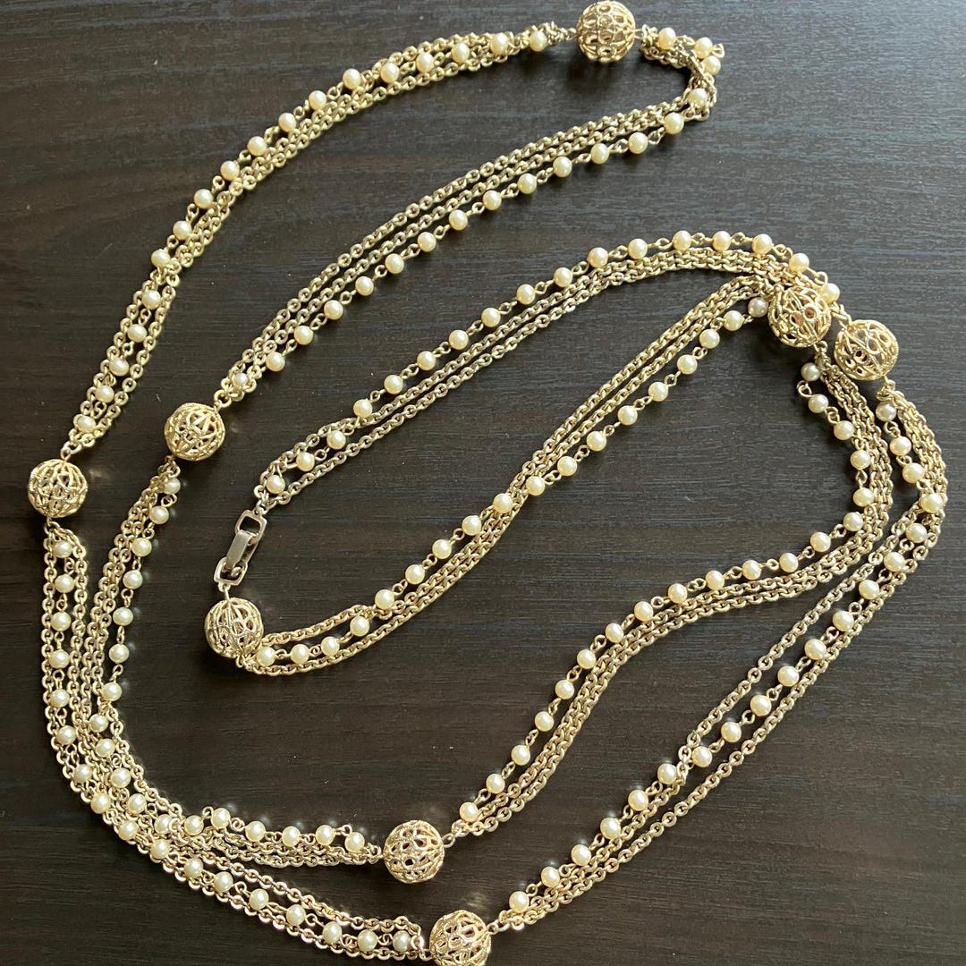 Vintage Three Strand Extra Long Chain Necklace With 4mm Faux Pearls and ...
