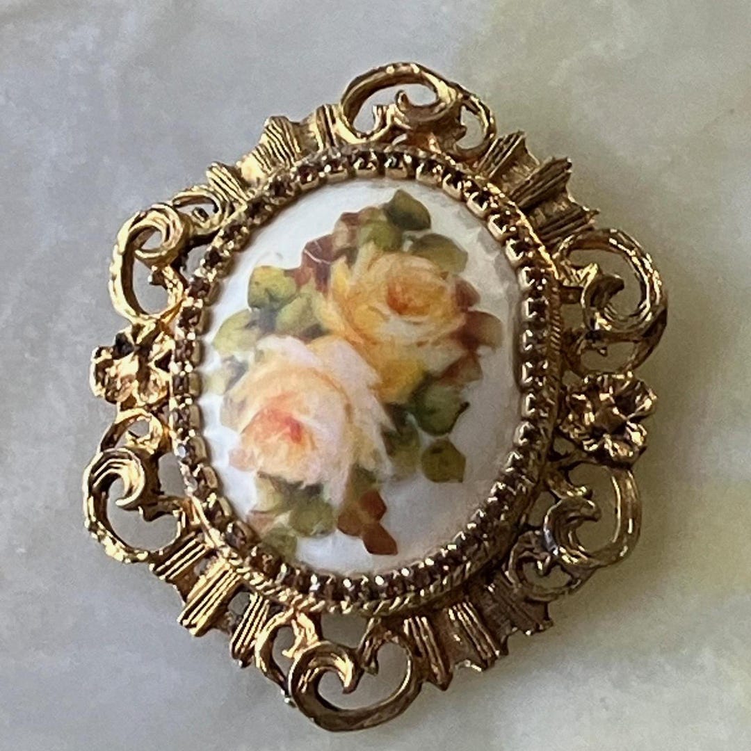 Vintage Antique Yellow Roses Printed and Brown Rhinestones Pendant ...