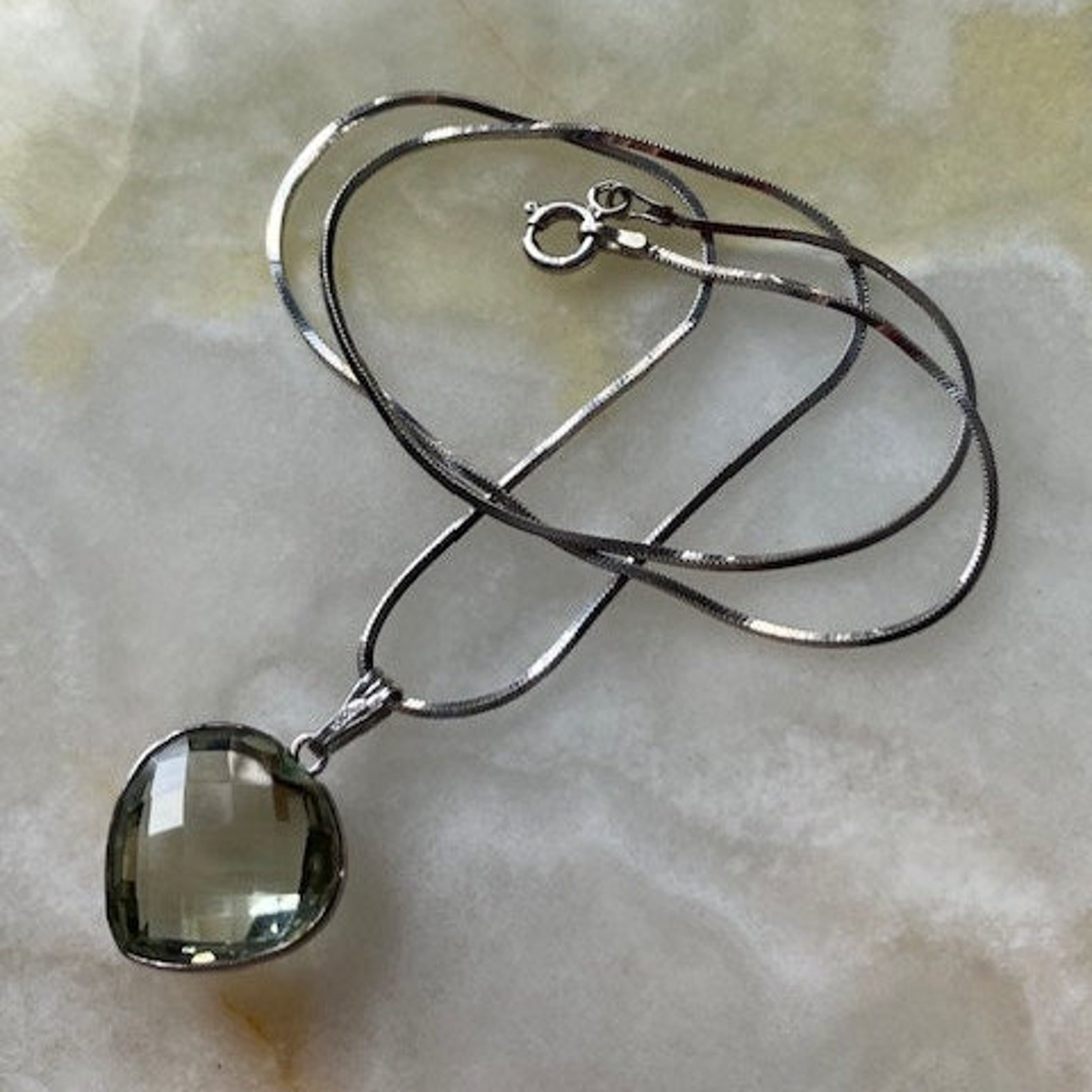 Vintage 925 Sterling Silver Polyhedron Cut Clear Green Crystal Gem ...